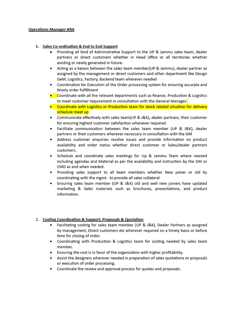 Operations Manager-KRA | PDF | Logistics | Sales