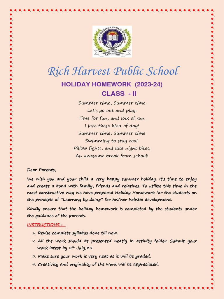 Class II Holiday Homework 2023-24 | PDF | Earth