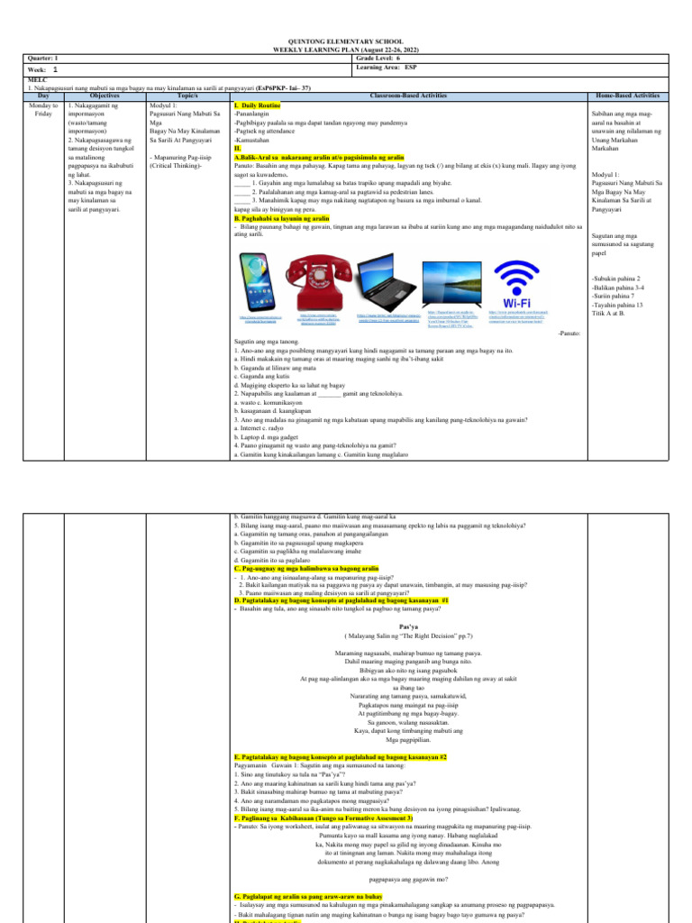 Q1 W1 ESP Weekly Learning Plan | PDF