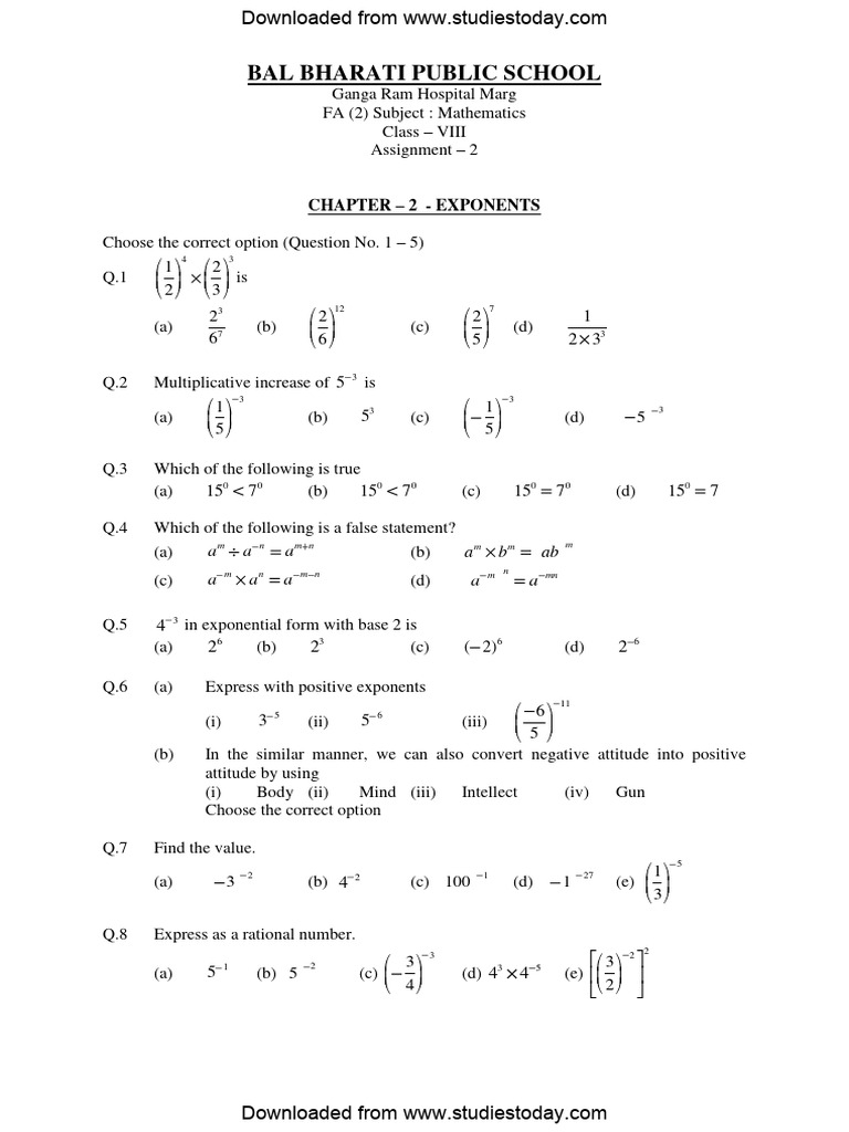 Class 8 Maths Exponents Worksheet | PDF | Exponentiation | Mathematics