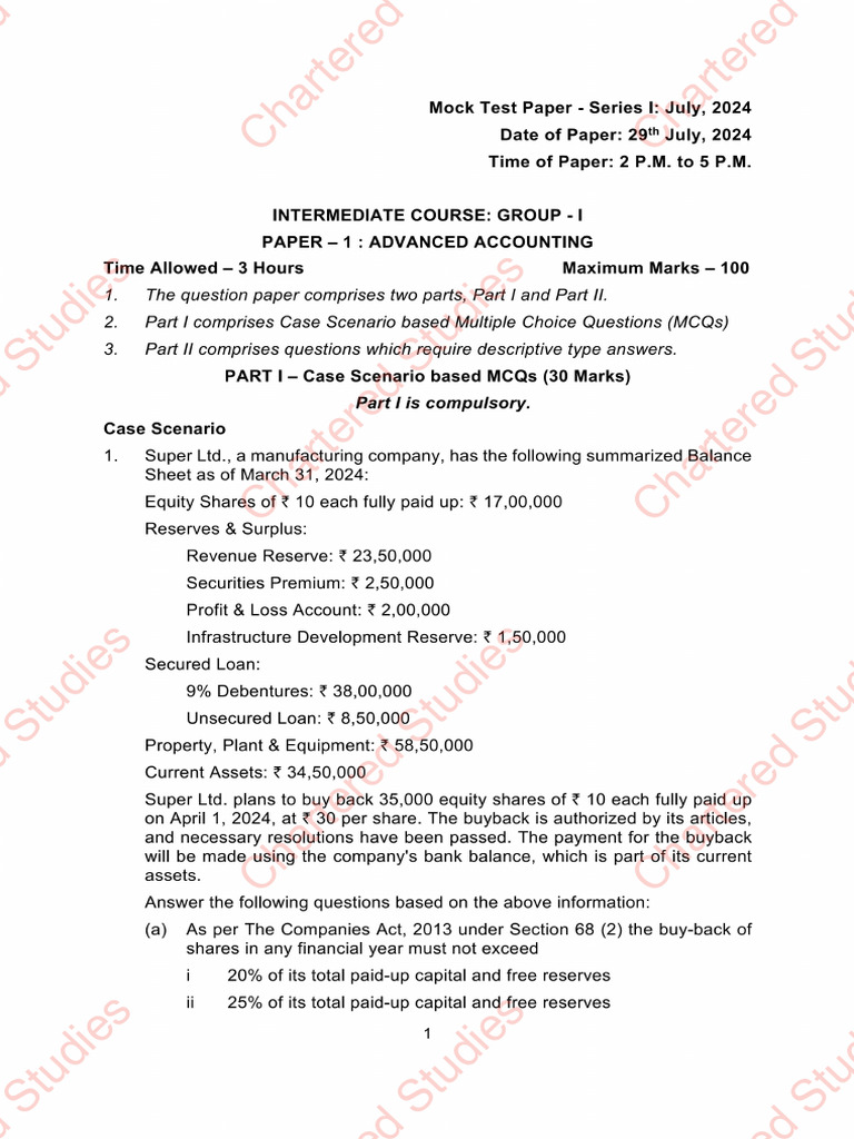 CA Intermediate Paper - 1 Advanced Accounting MTP Series 1 Question | PDF