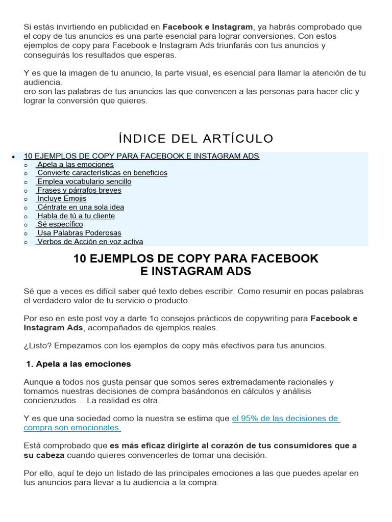 Ejemplos de Copy para Facebook Ads | PDF | Facebook | Publicidad