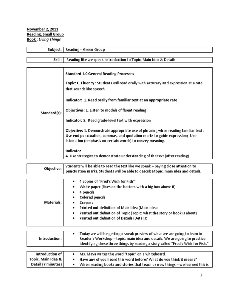 1st Grade Reading Lesson: Main Idea Focus | PDF | Reading (Process ...