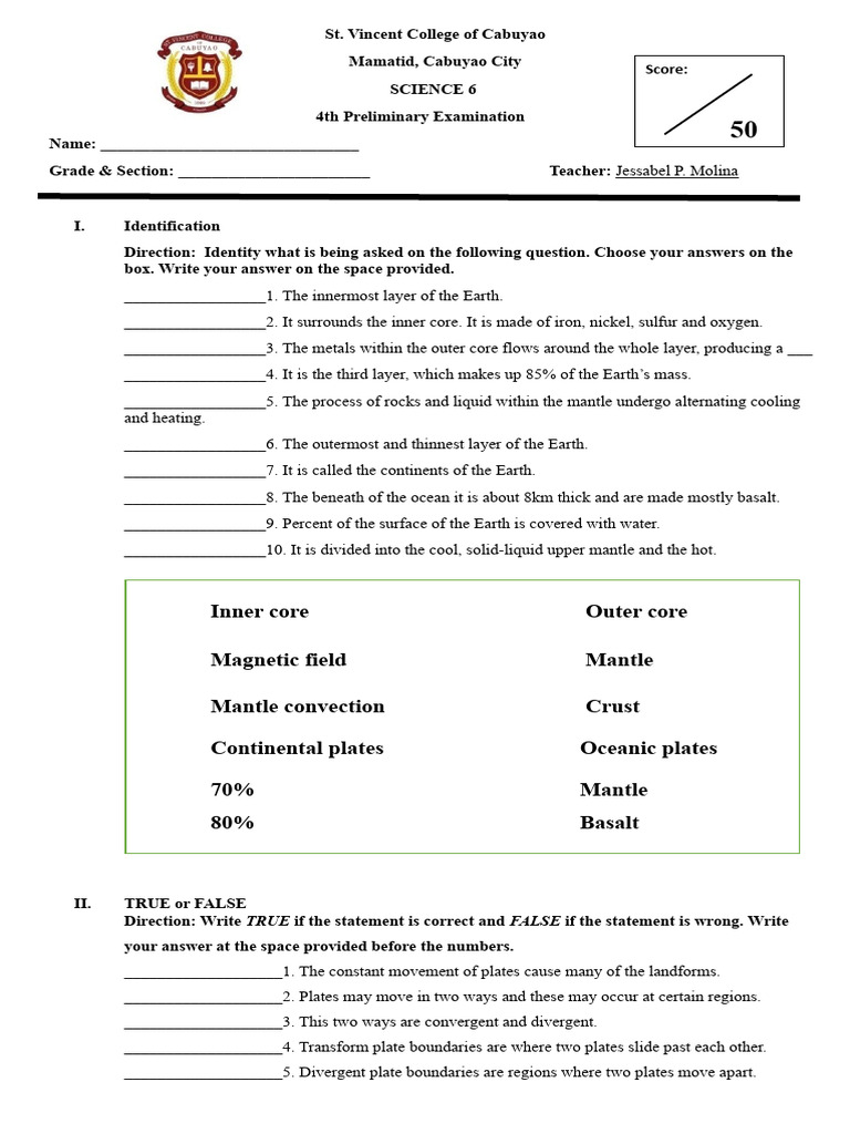 4th Prelim Exam in Science 6 | PDF | Volcano | Plate Tectonics