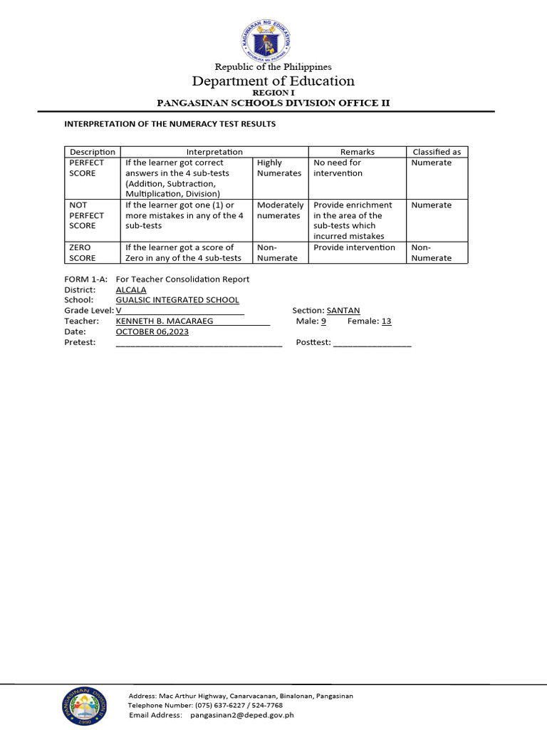 Students' Numeracy Test Results Analysis | PDF