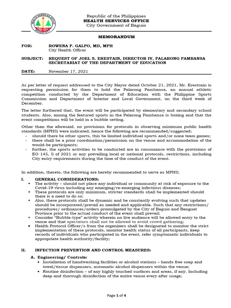 MEMO-Request For Palarong Pambansa-Dep Ed | PDF | Medical Specialties ...