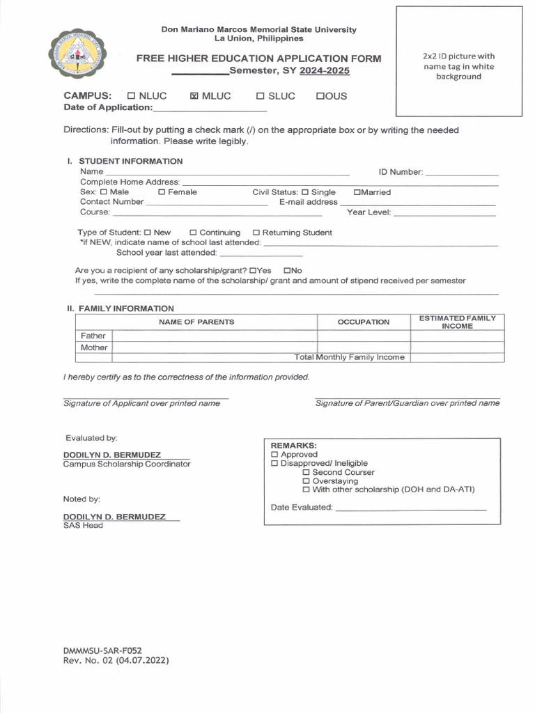 Fhe Form Sy 2024 2025 Mluc | PDF