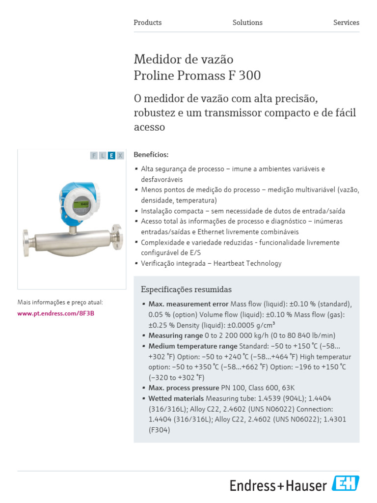 Endress-Hauser Proline Promass F 300 8F3B PT | PDF | Density | Flow ...