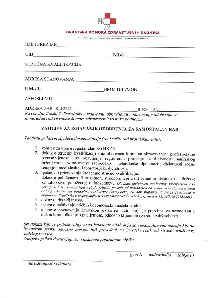 Zahtjev Za Izdavanje Odobrenja Za Samostalan Rad | PDF