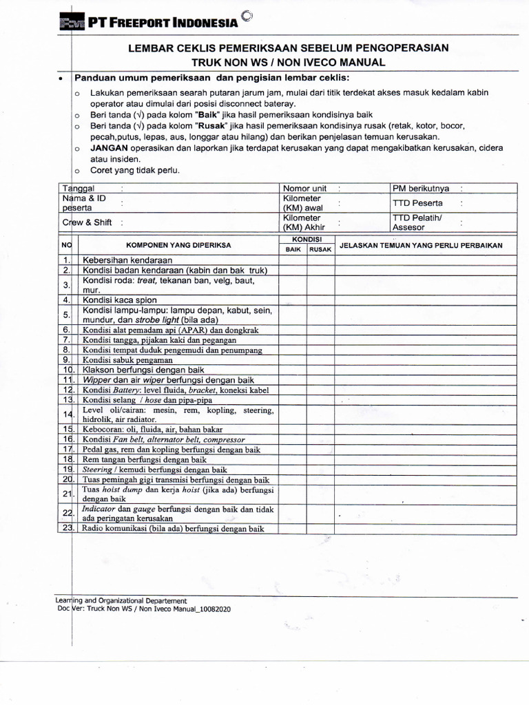 Lembaran Ceklis Truk YR285 | PDF