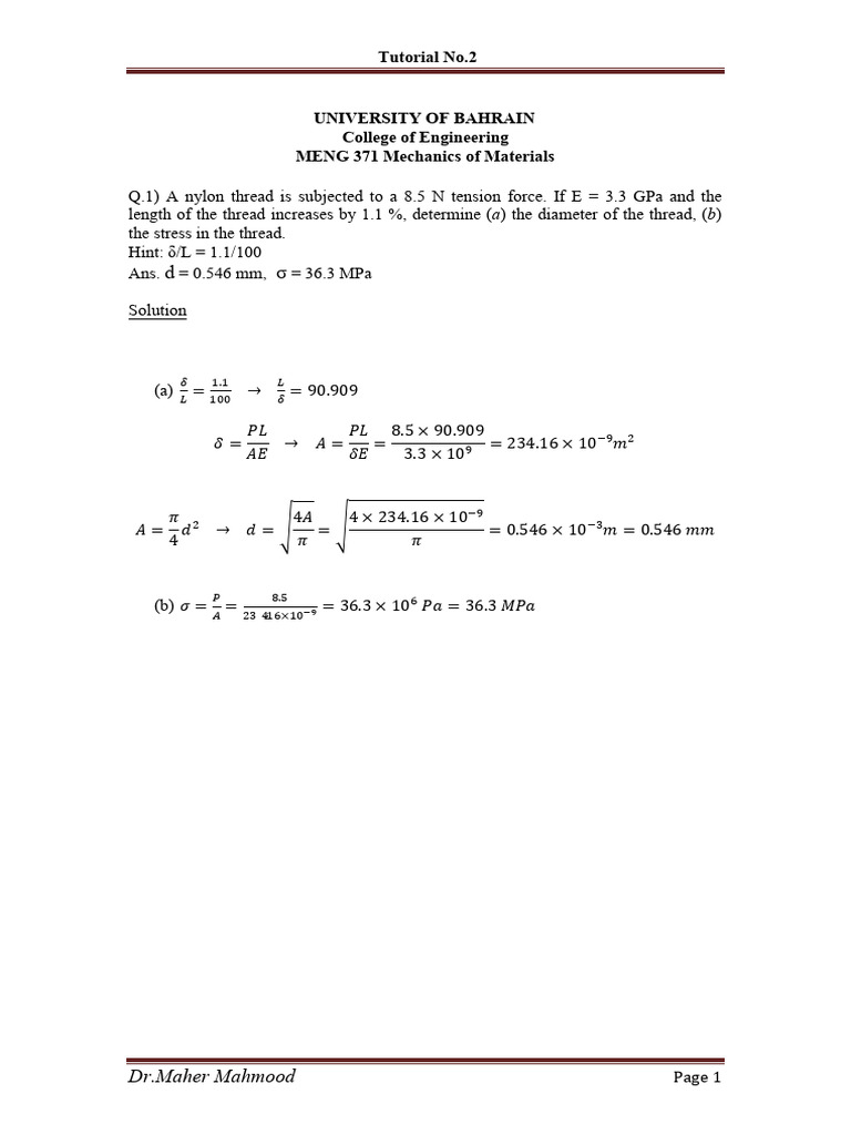 Tutorial No.2: DR - Maher Mahmood | PDF | Young's Modulus | Deformation (Engineering)