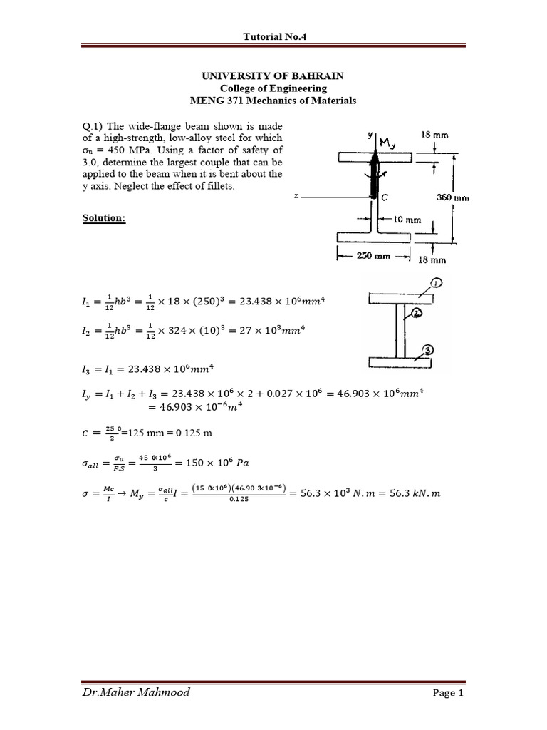 Tutorial No.4: DR - Maher Mahmood | PDF | Beam (Structure) | Applied And Interdisciplinary Physics