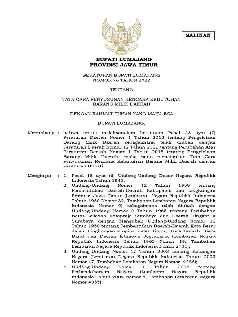 Perbup No 76 - 2022 Tentang Tata Cara Penyusunan Rencana Kebutuhan ...