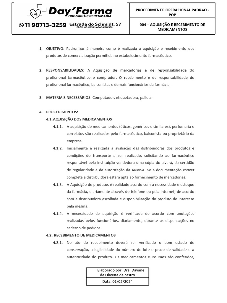 Pop 004 - Aquisição e Recebimento de Medicamentos - Dayane | PDF ...