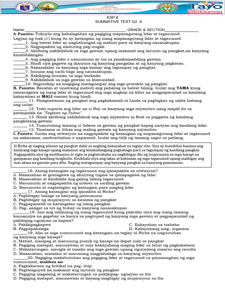 Summative Test - 4-Q2-ESP8-7-8 | PDF