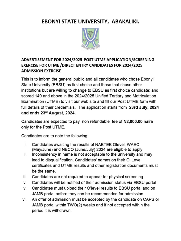 ADVERTISEMENT FOR 2024 POST UTME ADVERT AMENDED 2024 Amended | PDF ...