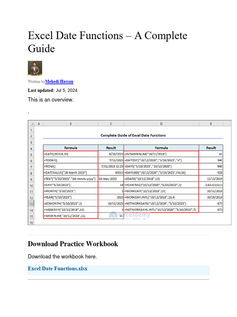 Excel Date Functions Pdf Parameter Computer Programming Microsoft Excel