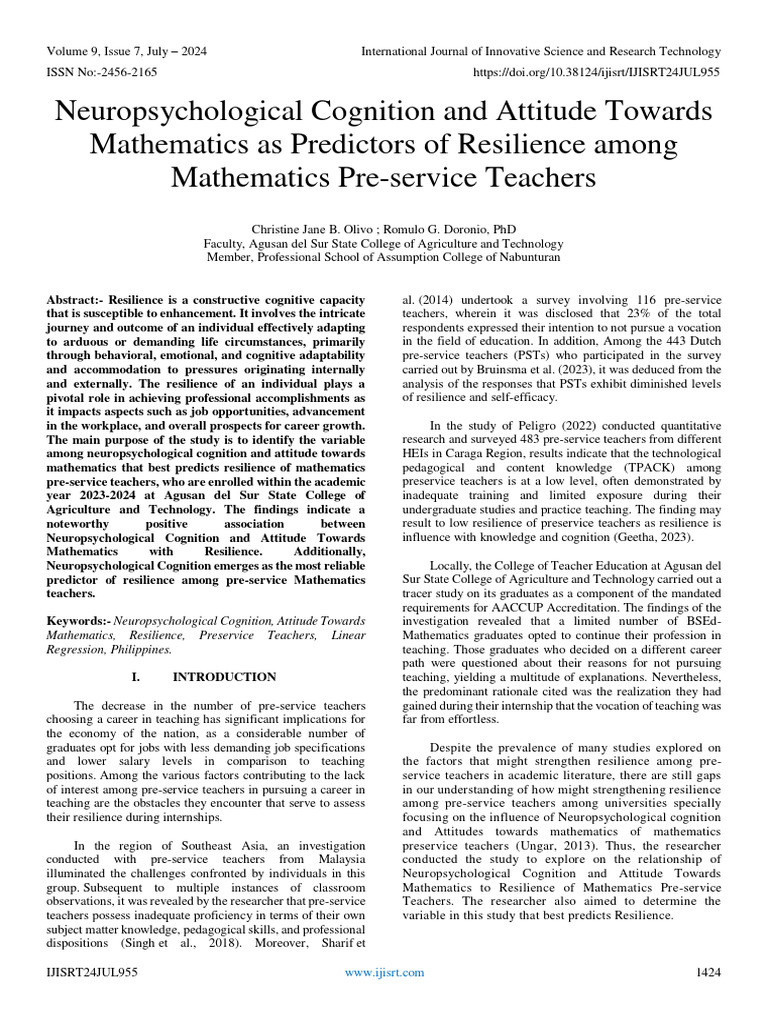 Neuropsychological Cognition and Attitude Towards Mathematics As ...