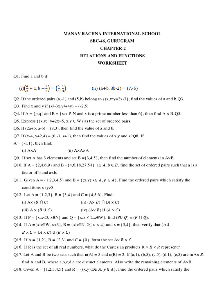 Relations and Functions Worksheet | PDF | Mathematical Concepts ...