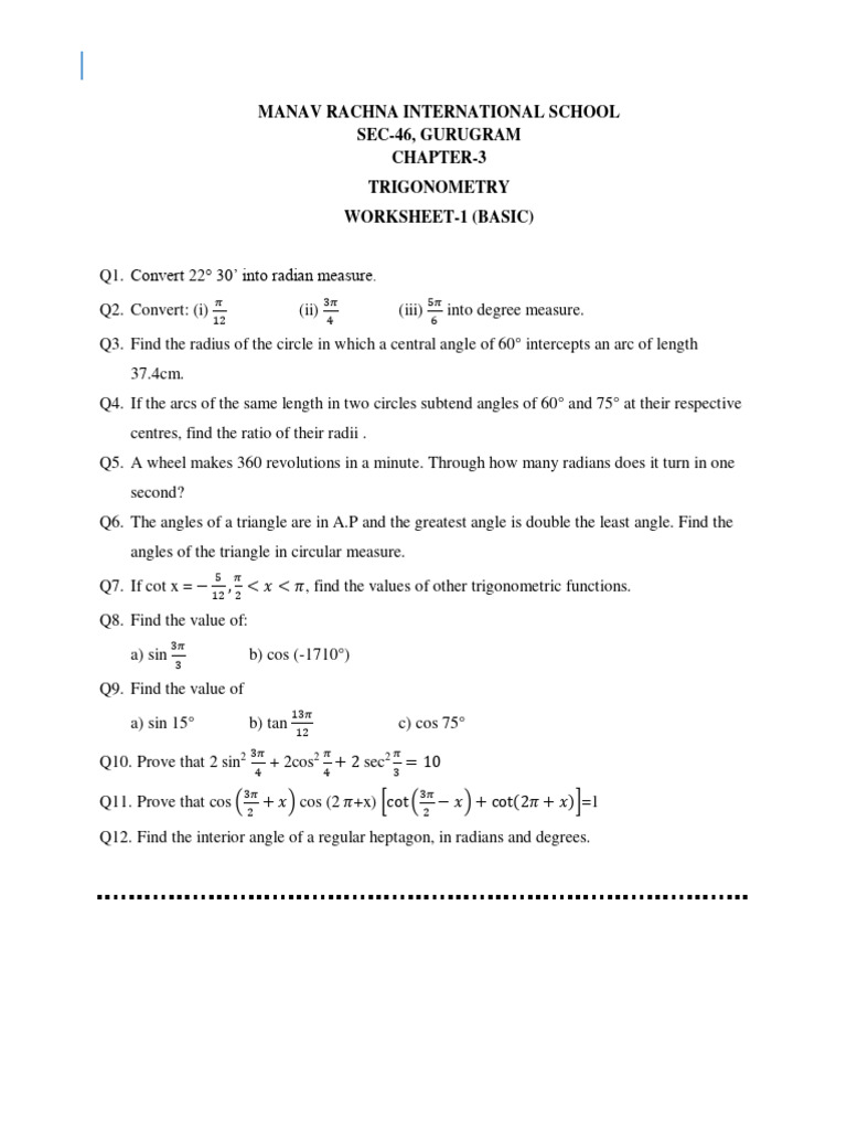 Trigonometry Worksheets for Class 3 | PDF | Angle | Classical Geometry