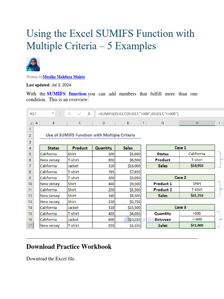 Using The Excel SUMIFS Function With Multiple Criteria | PDF ...