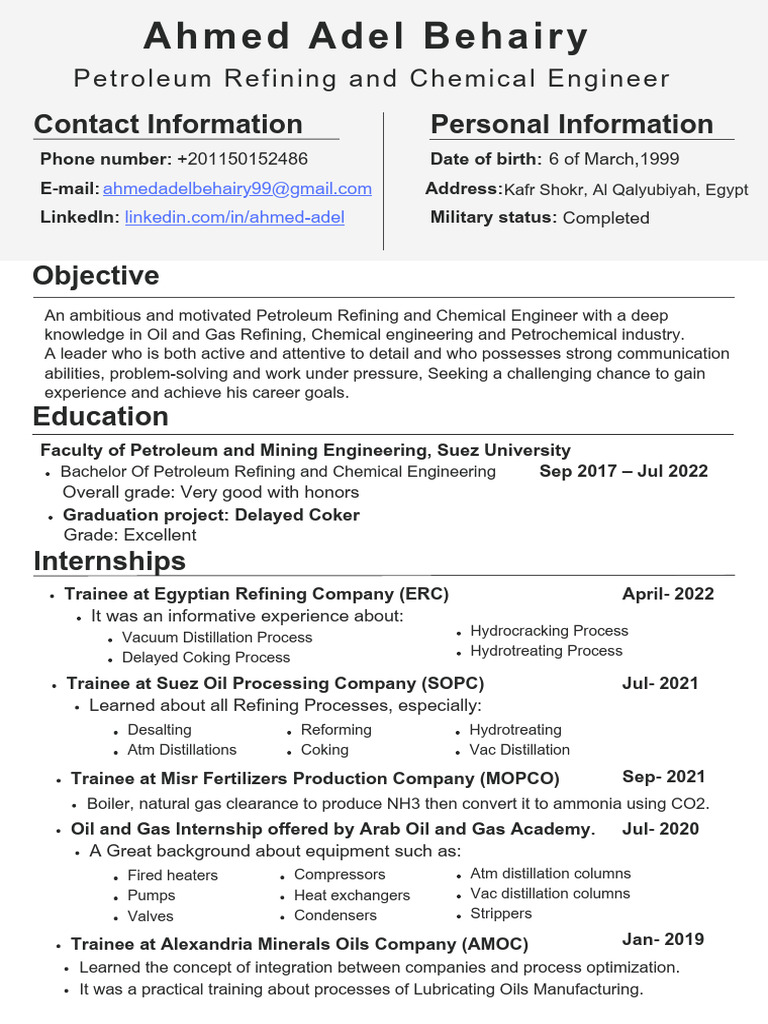 Ahmed Adel - Petroleum Refining and Chemical Engineer - CV | PDF | Oil ...