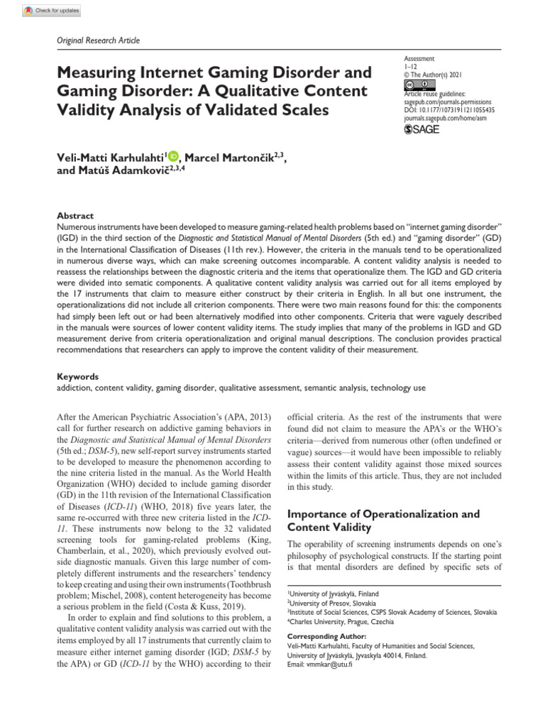 Measuring Internet Gaming Disorder and Gaming Diso | PDF | Validity (Statistics) | Dsm 5