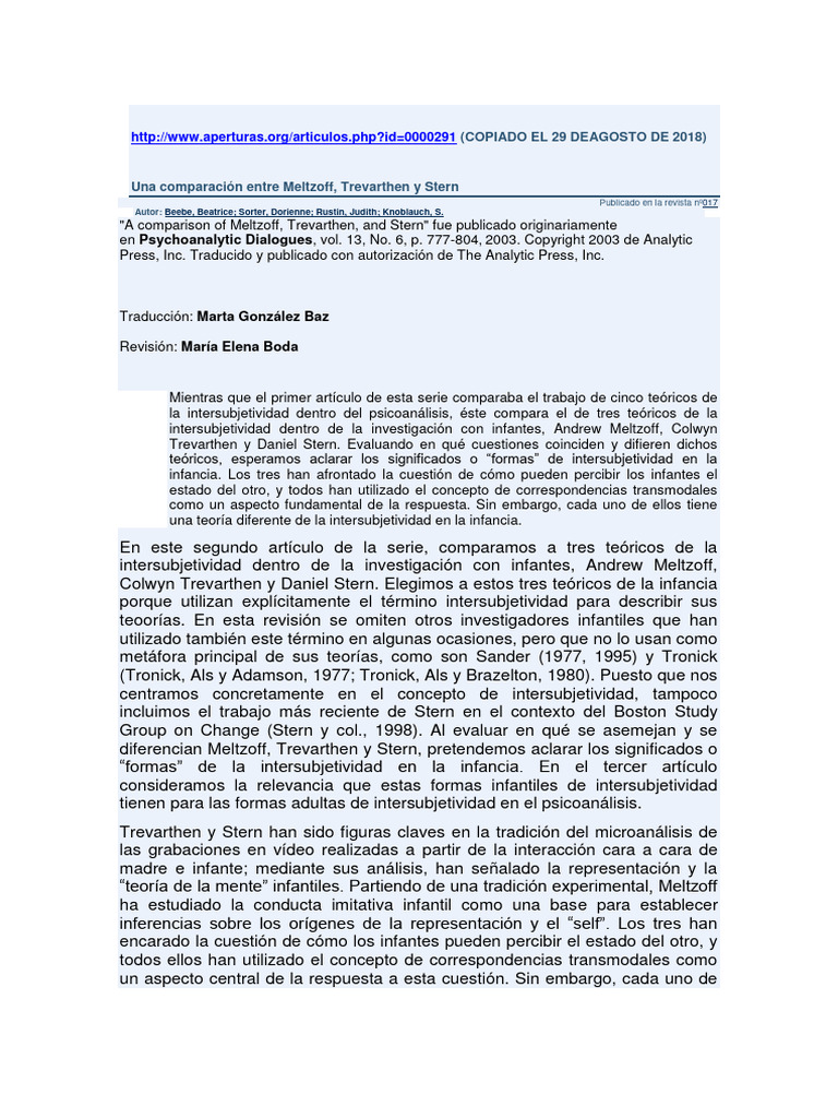 Meltzoff, Trevharthe y Stern. 2003 | PDF | Las emociones | Percepción