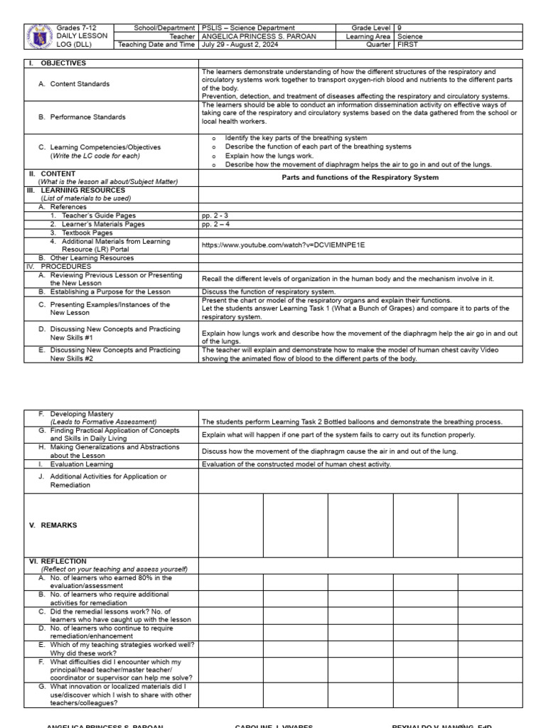 Q1-W1-G9 Science-DLL | PDF | Learning | Teachers
