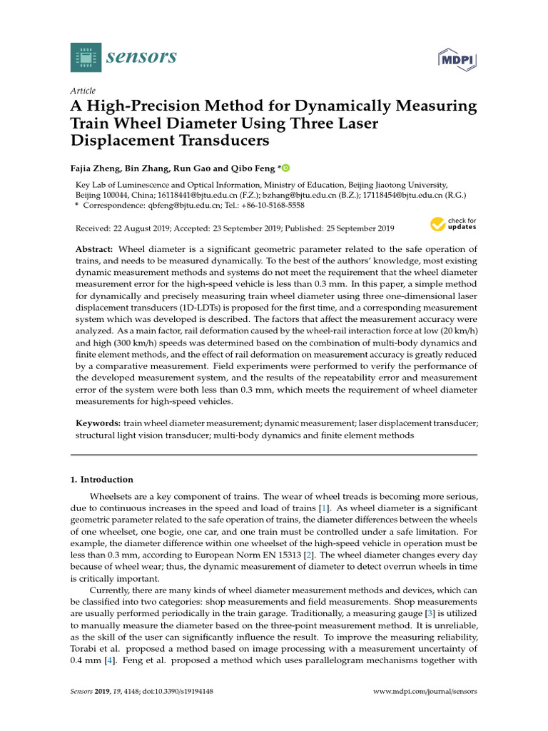 A High Precision Method For Dynamically Measuring Train Wheel Diameter Using Three Laser