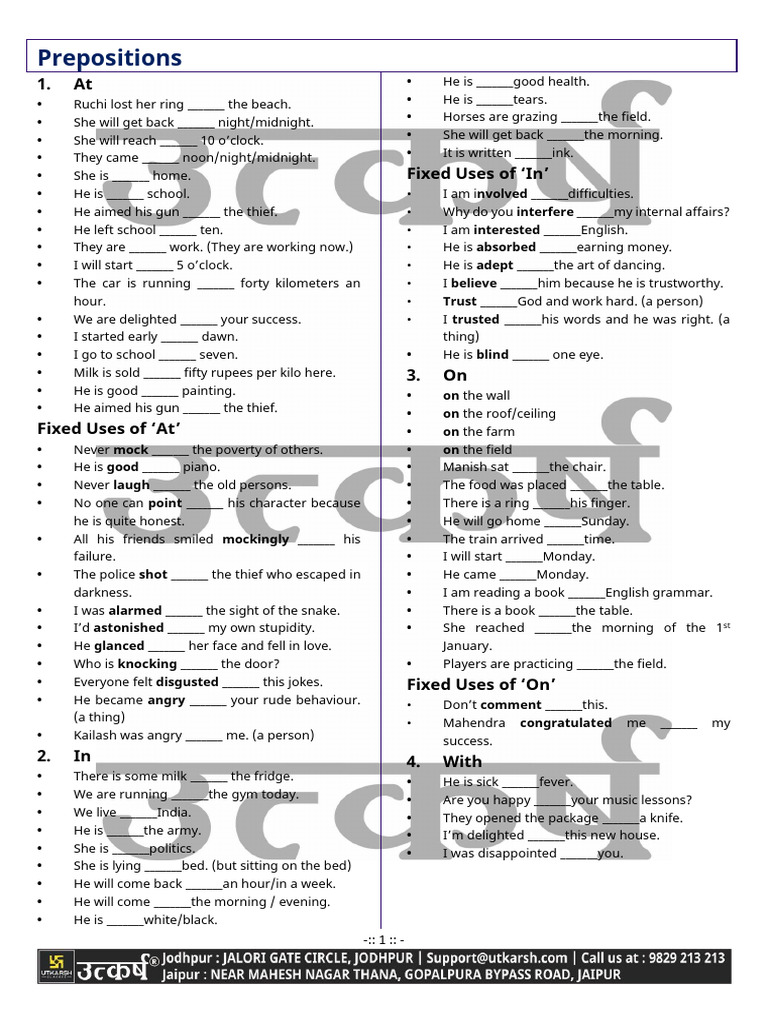 Prepositions Guide for Learners | PDF