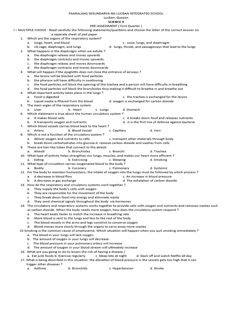 Science 9 Pre-Assessment on Respiration | PDF | Lung | Respiratory System