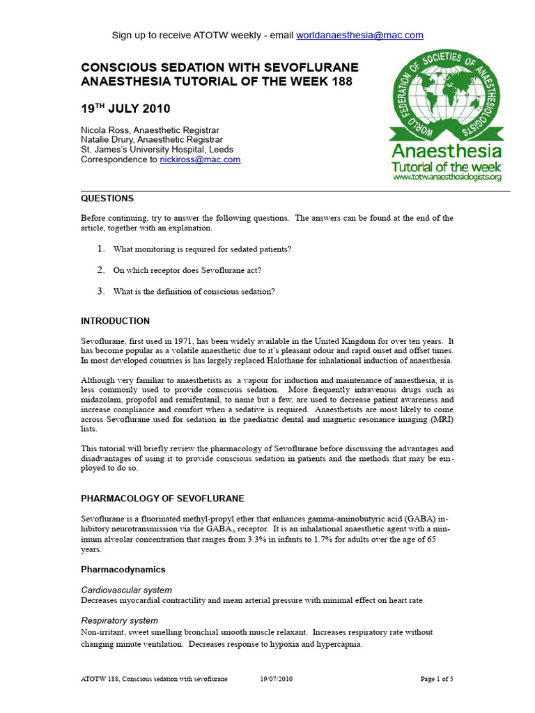 Conscious Sedation With Sevoflurane TOTW 188 2010 | PDF | Anesthesia ...