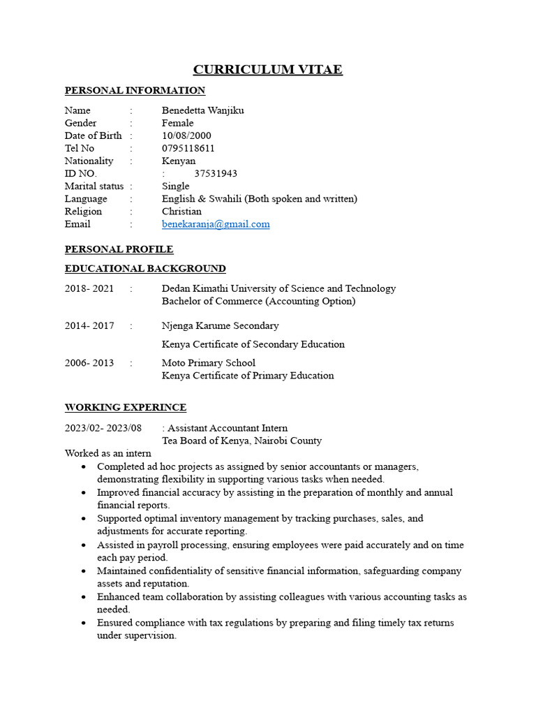 Benedetta Wanjiku CV | PDF | Kenya | Taxes