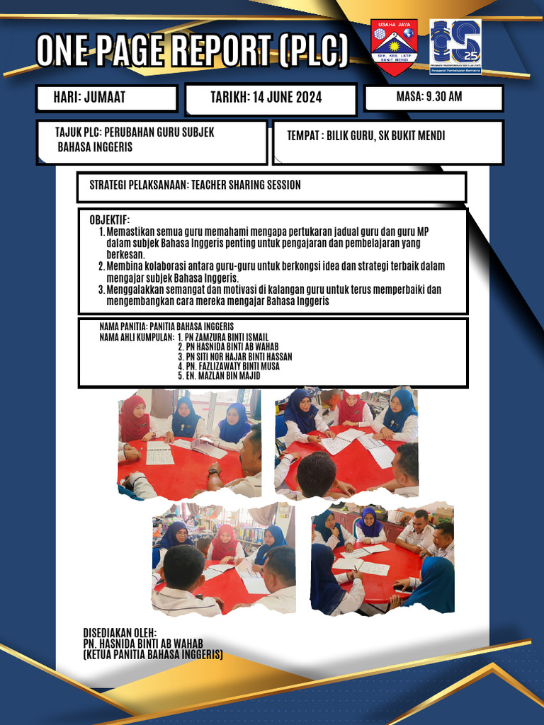One Page Report (PLC) Bahasa Inggeris | PDF