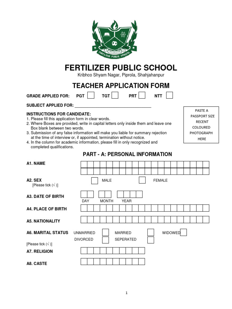 Teacher Application Form - Fertilizer School | PDF