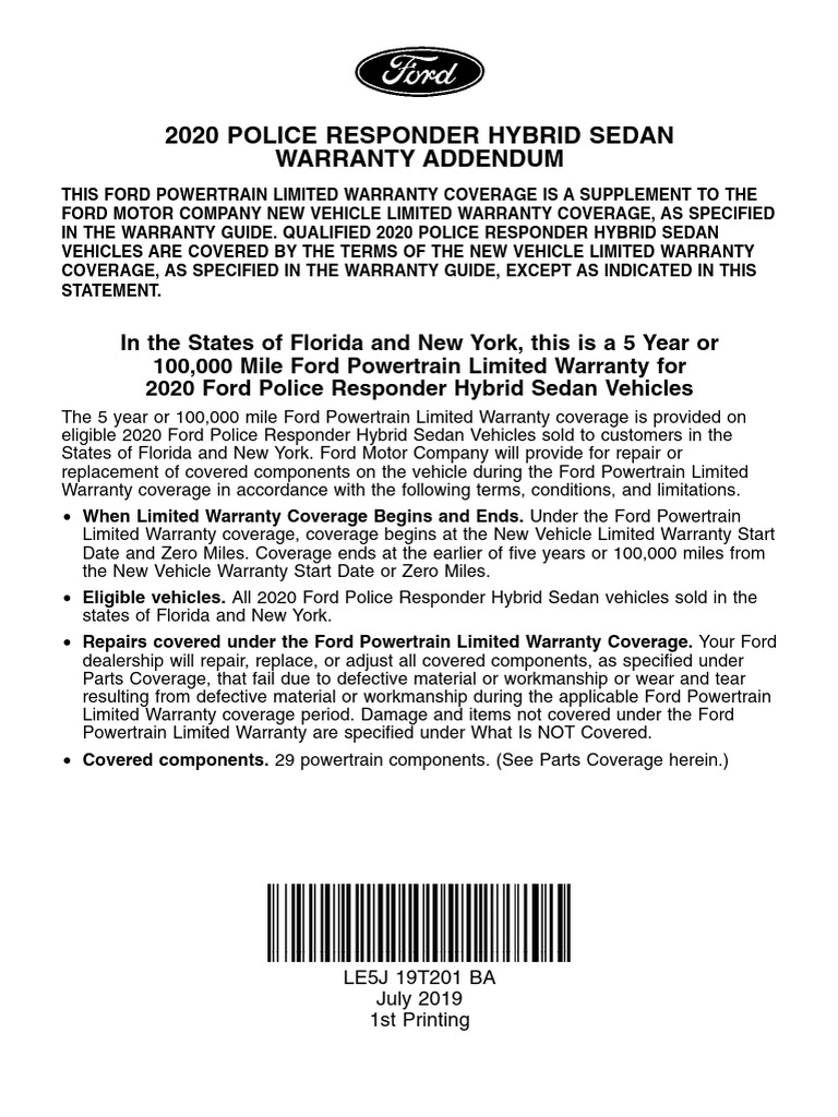 2020 Ford Fusion Police Responder Hybrid Sedan Warranty Card Version 1 ...