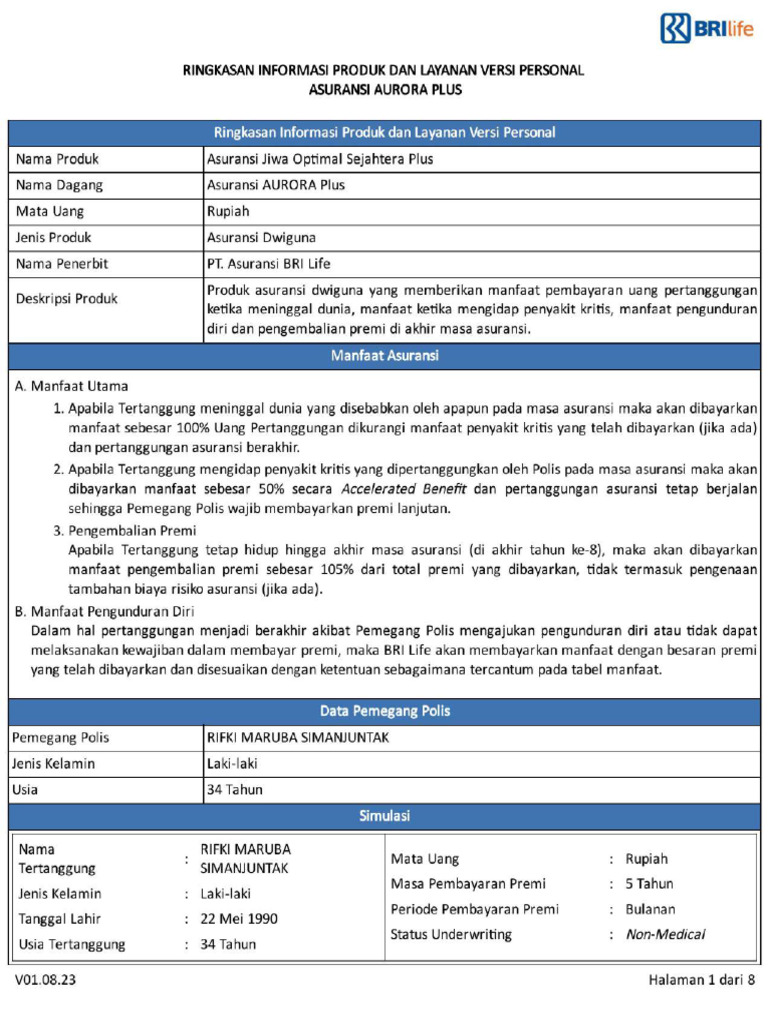 Riplay Personal Asuransi AURORA PLUS RIFKI MARUBA SIMANJUNTAK (1) - Compressed | PDF