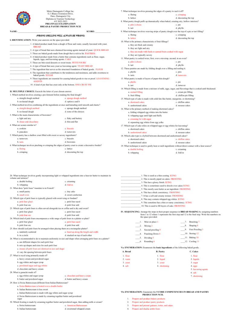 Bread & Pastry Production NCII Pre-Finals Answer Key | PDF | Cakes | Dough
