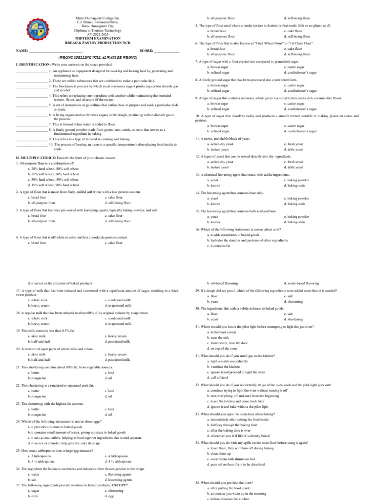 Bread & Pastry Production NCII Midterm Questionnaire | PDF | Flour | Breads