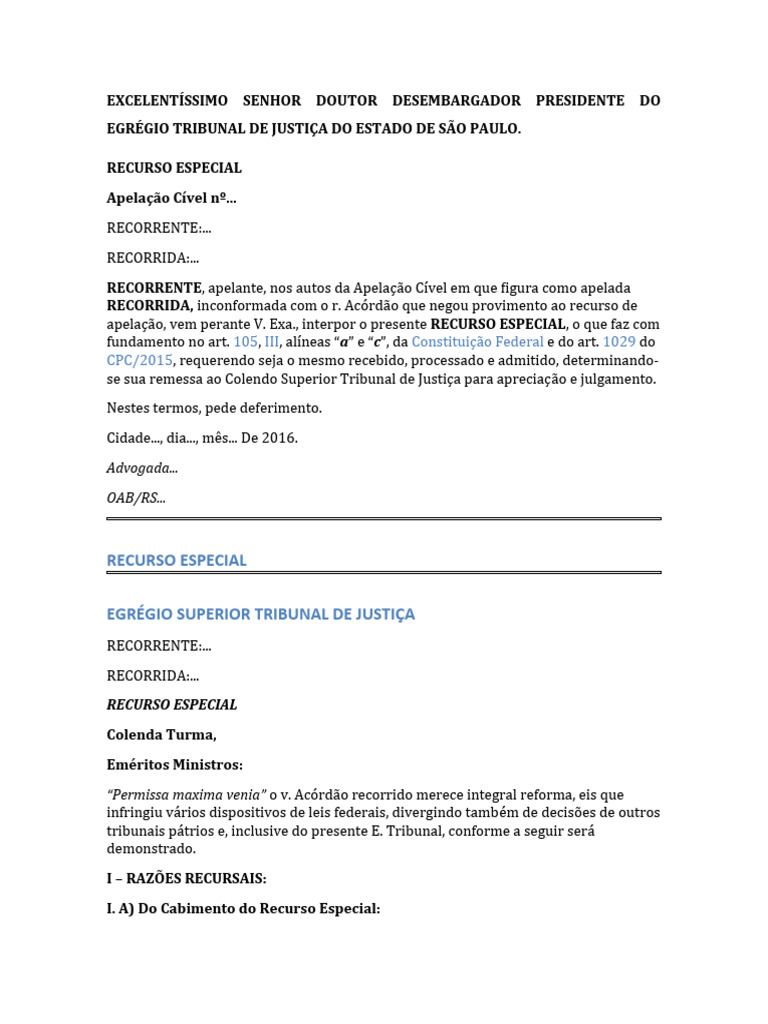 Modelo Recurso Especial Resp Art 105 III A e C CF 88 NCPC 2015 | PDF ...