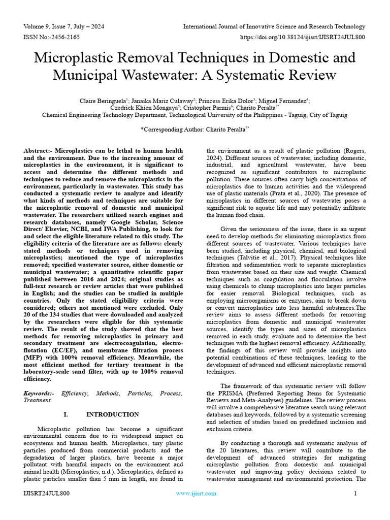 Microplastic Removal Techniques in Domestic and Municipal Wastewater: A ...