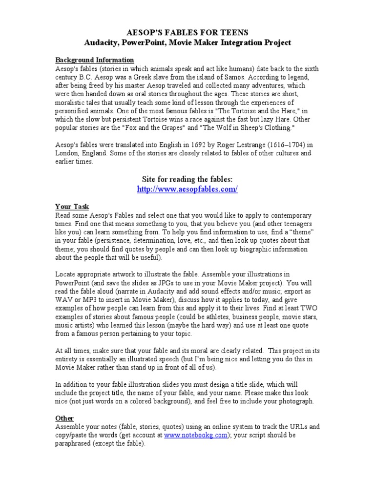 Aesop'S Fables For Teens Audacity, Powerpoint, Movie Maker Integration ...