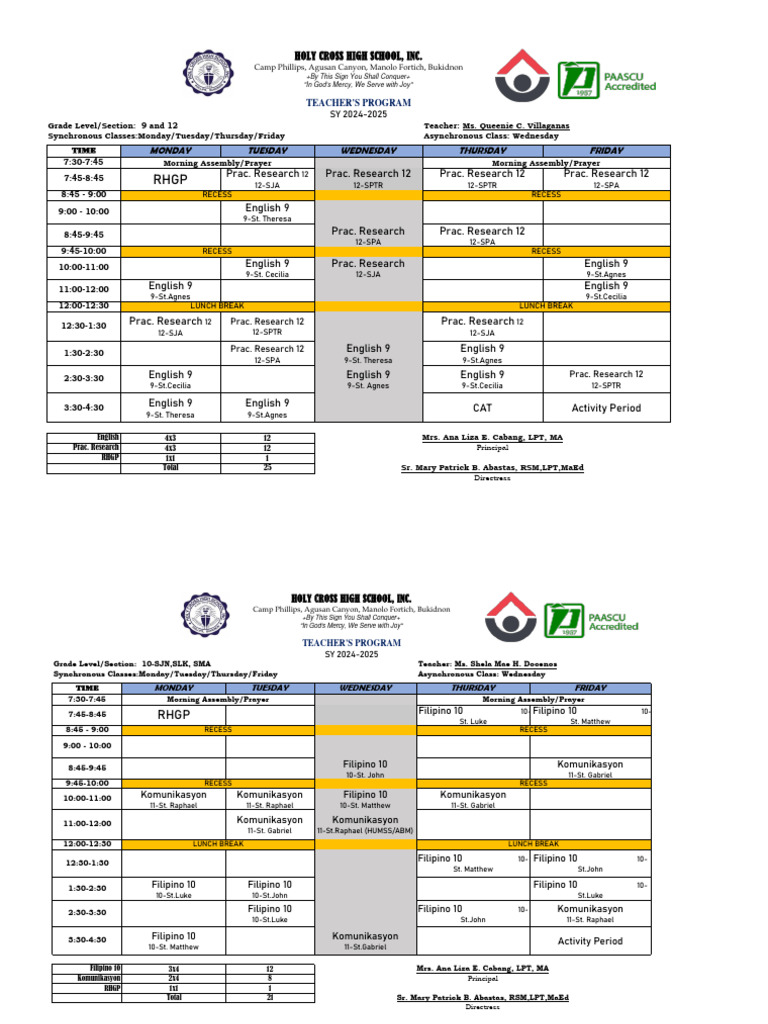 Teacher's Program SY 2024-2025 Schedule | PDF | Rosary | Catholic Church