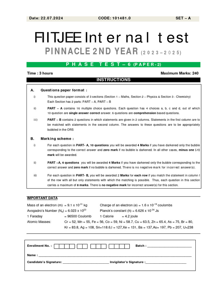 FIITJEE Pinnacle Phase Test 6 Paper 2 | PDF | Wavelength | Glucose