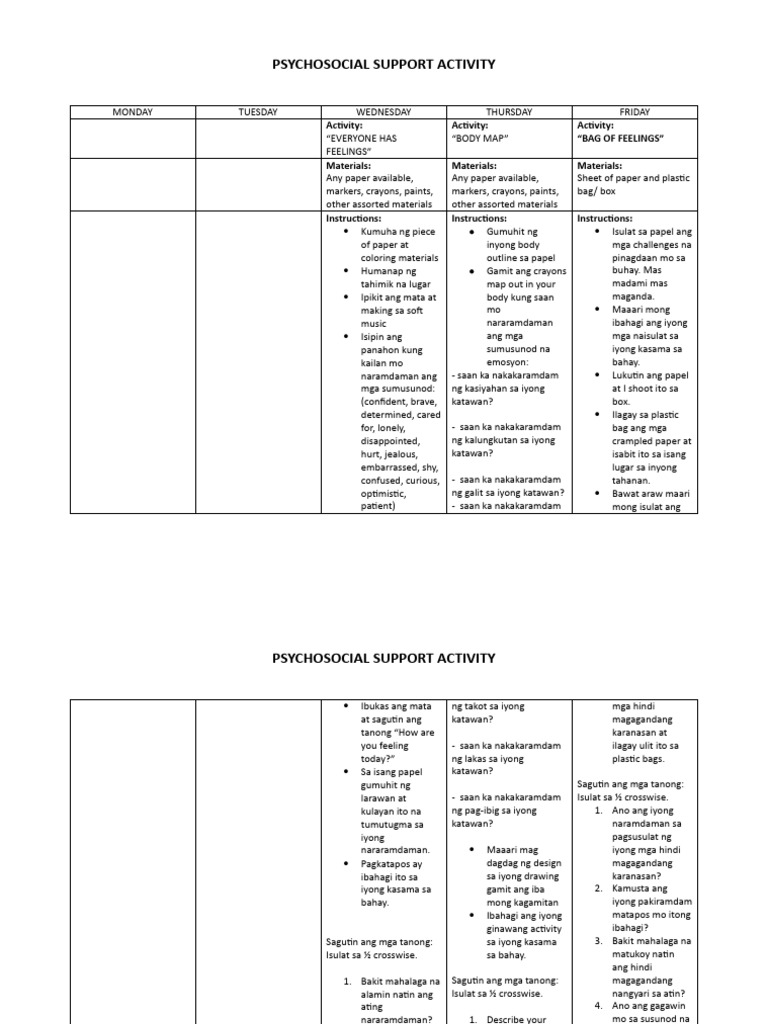 Psychosocial Suppport Activity | PDF