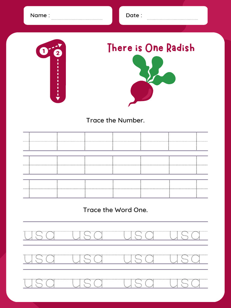 Maroon Red Illustration Number 1 Recognition Worksheet | PDF