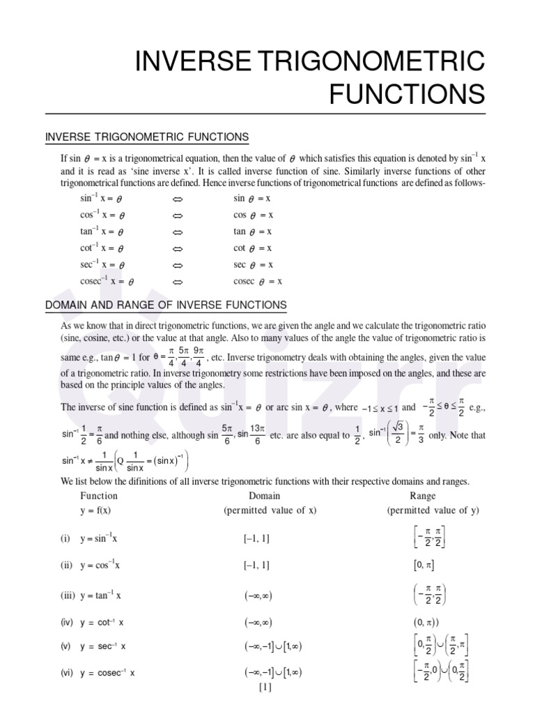 19 Inverse Trigonometry Formula Sheets Quizrr | PDF | Trigonometric ...