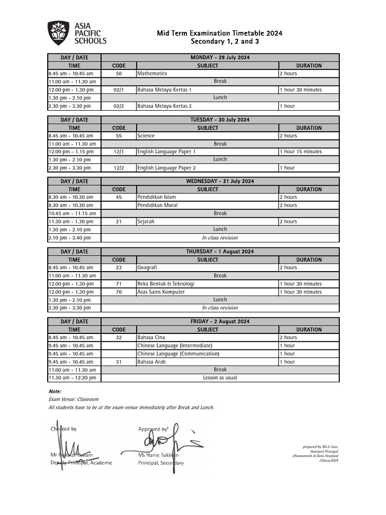 S1,2&3 - Mid Term Exam Timetable 2024 | PDF | Schools