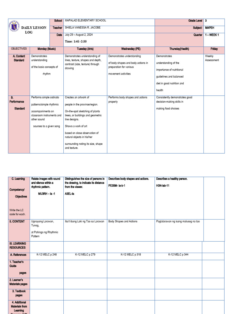 MAPEH DLL q1 w1 | PDF